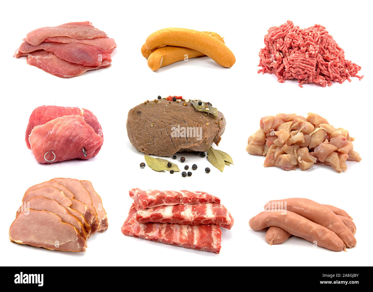 Sausage and meat products in a collage in front of white background Stock Photo - Alamy