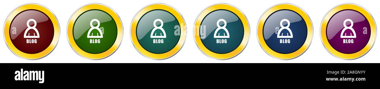 Blog glossy icon set, silver metallic golden vector illustrations in 6 ...