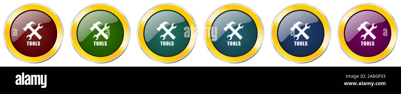 Tools glossy icon set, silver metallic golden vector illustrations in 6 ...