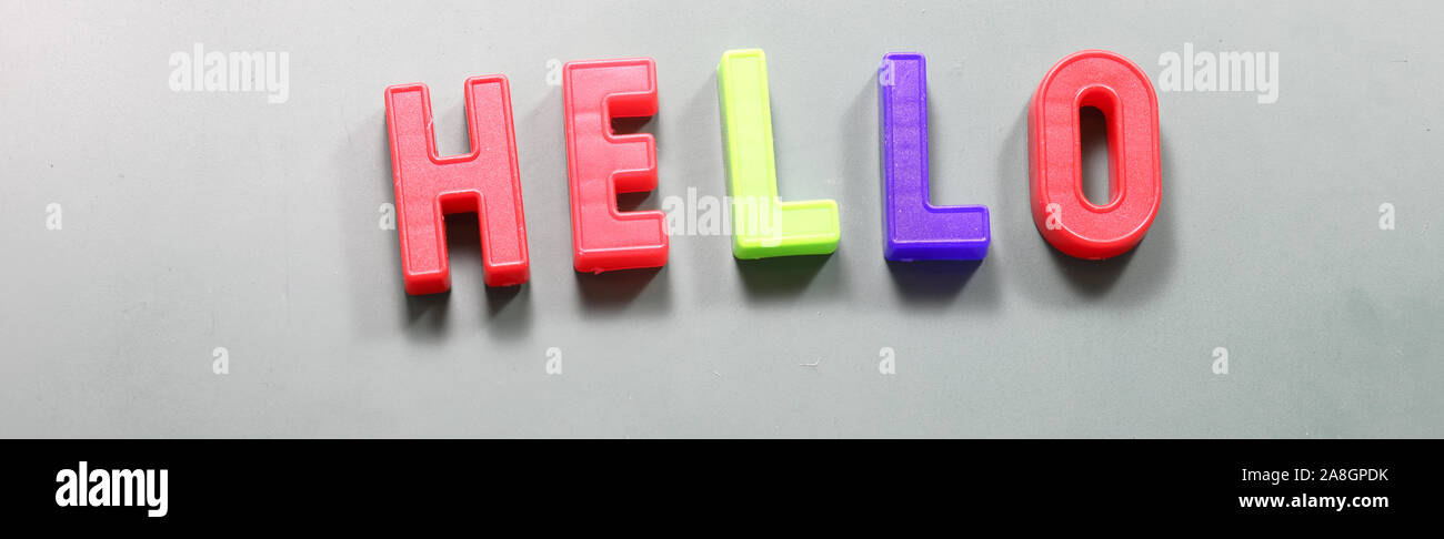 big magnetized letters with text HELLO on the blackboard Stock Photo ...
