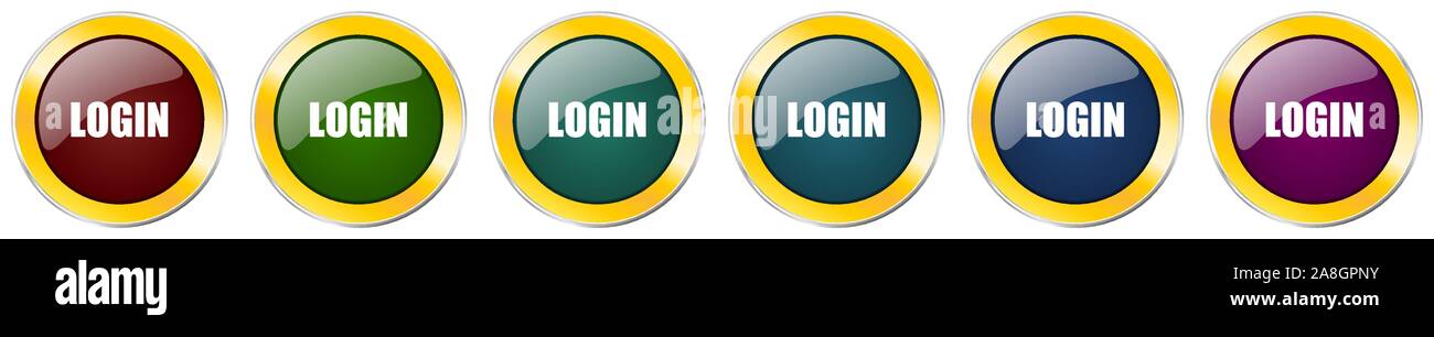 Login glossy icon set, silver metallic golden vector illustrations in 6 ...