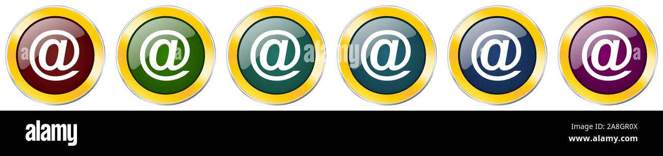 Email glossy icon set, silver metallic golden vector illustrations in 6 ...