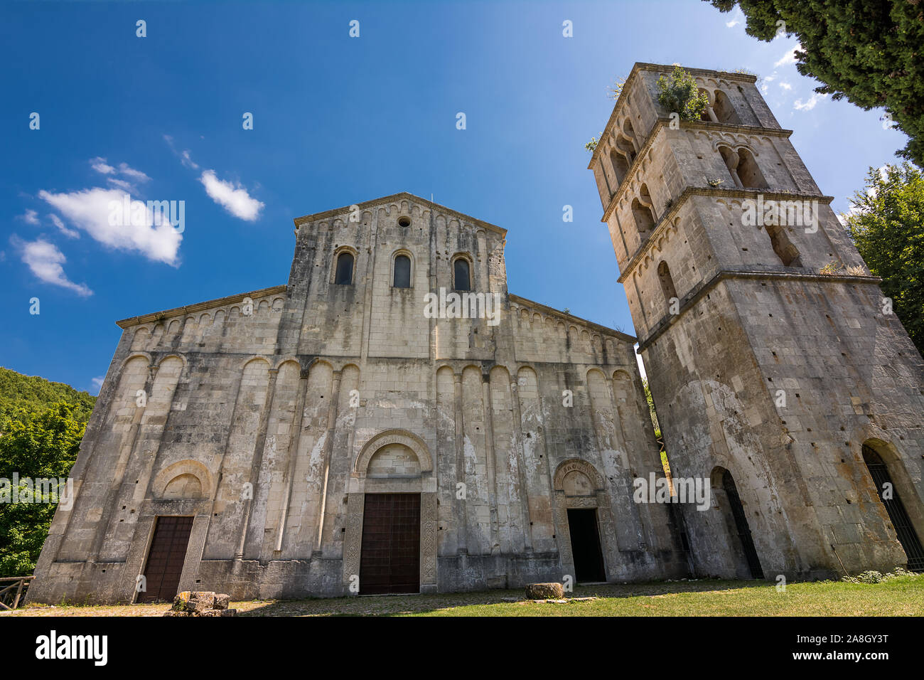 Facade of the Abbey and medieval bell tower of San Liberatore a Majella ...