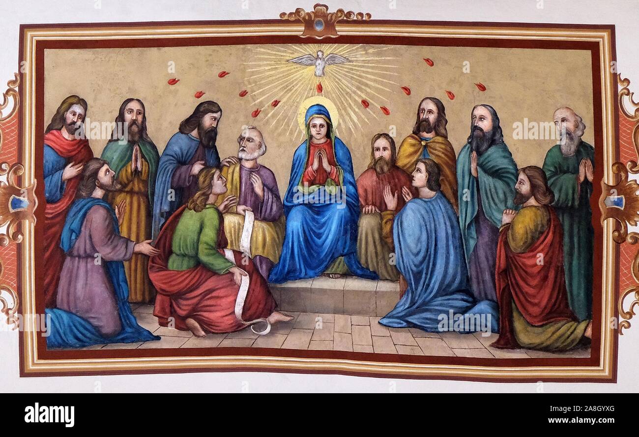 Pentecost, the descent of the Holy Spirit, fresco in the church of ...