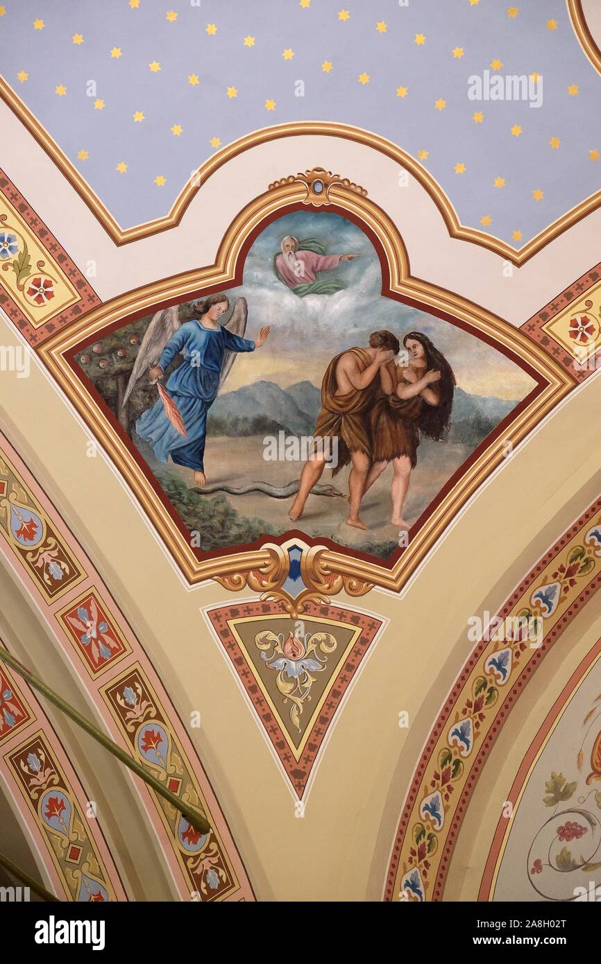 Adam and Eve expelled from Paradise, fresco in the church of Saint Matthew in Stitar, Croatia ...