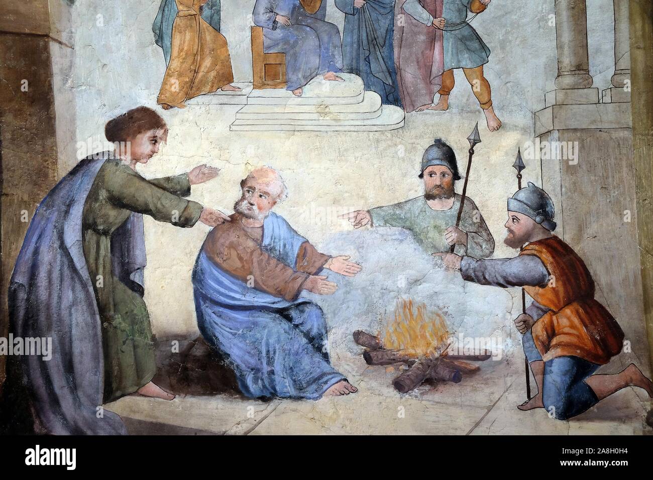 Peter denies Jesus before the rooster crows three times, fresco in the ...