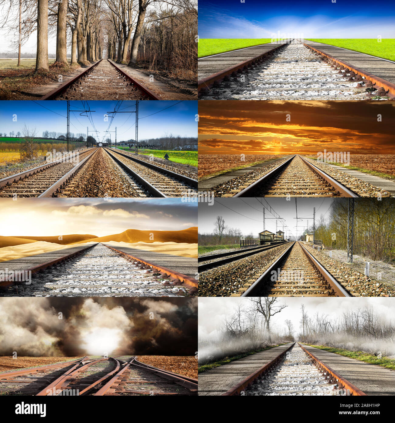 Train rails in many landscape collage Stock Photo - Alamy