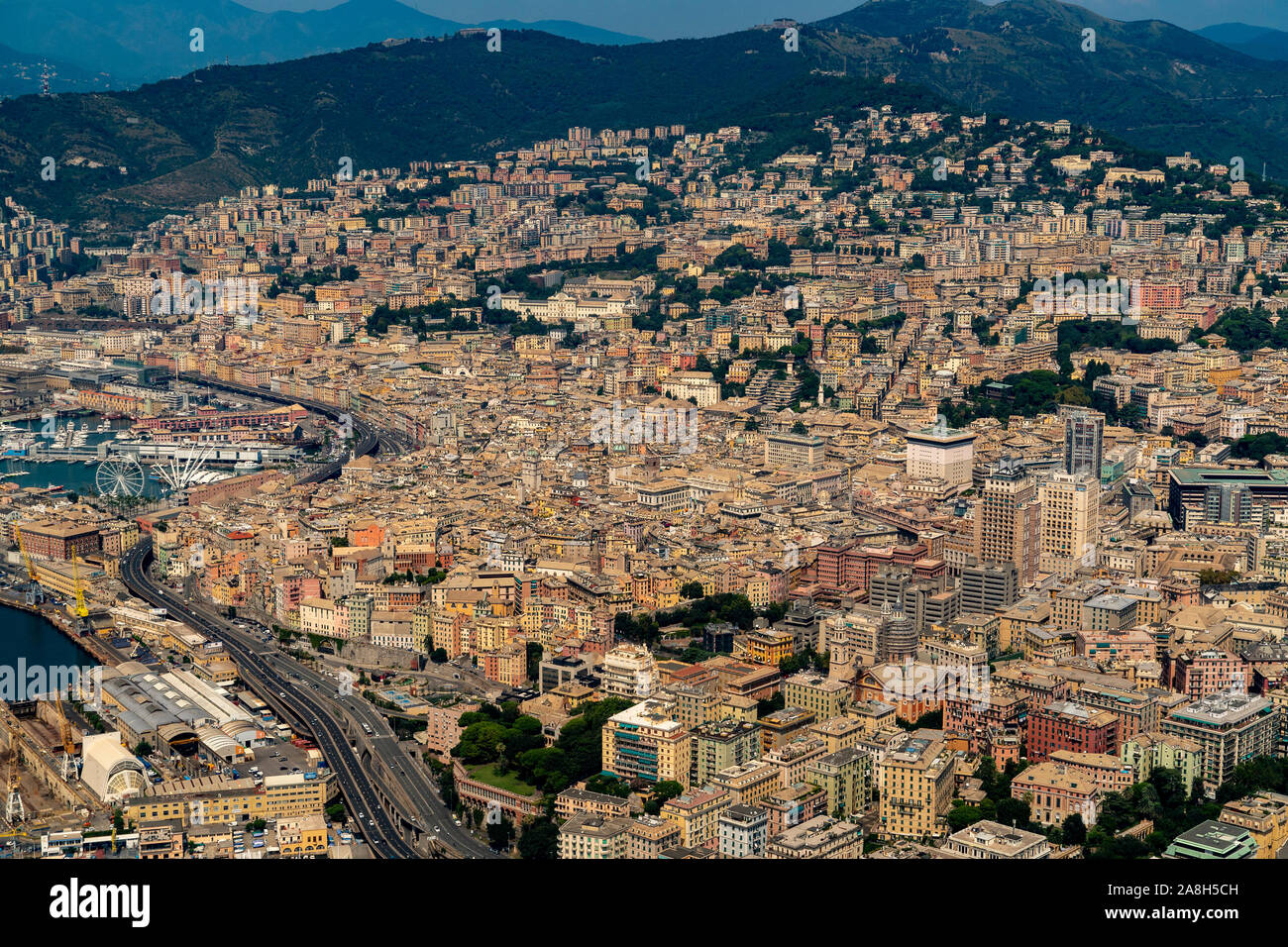 Genoa old center harbor town aerial view panorama Stock Photo - Alamy