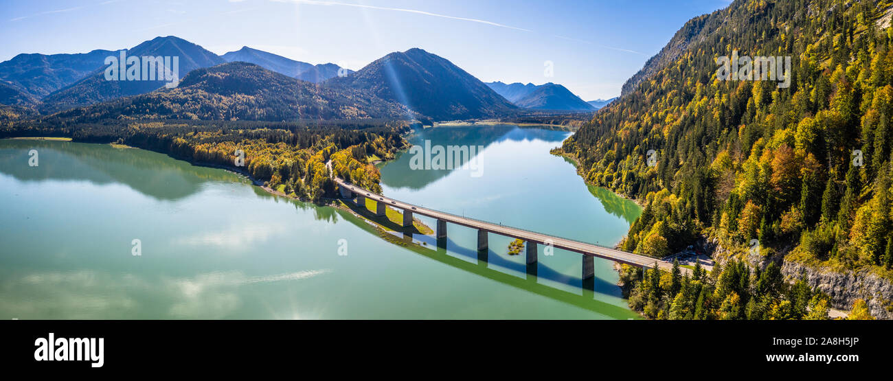 Scenic aerial view of the bridge over Lake Sylvenstein with beautiful ...