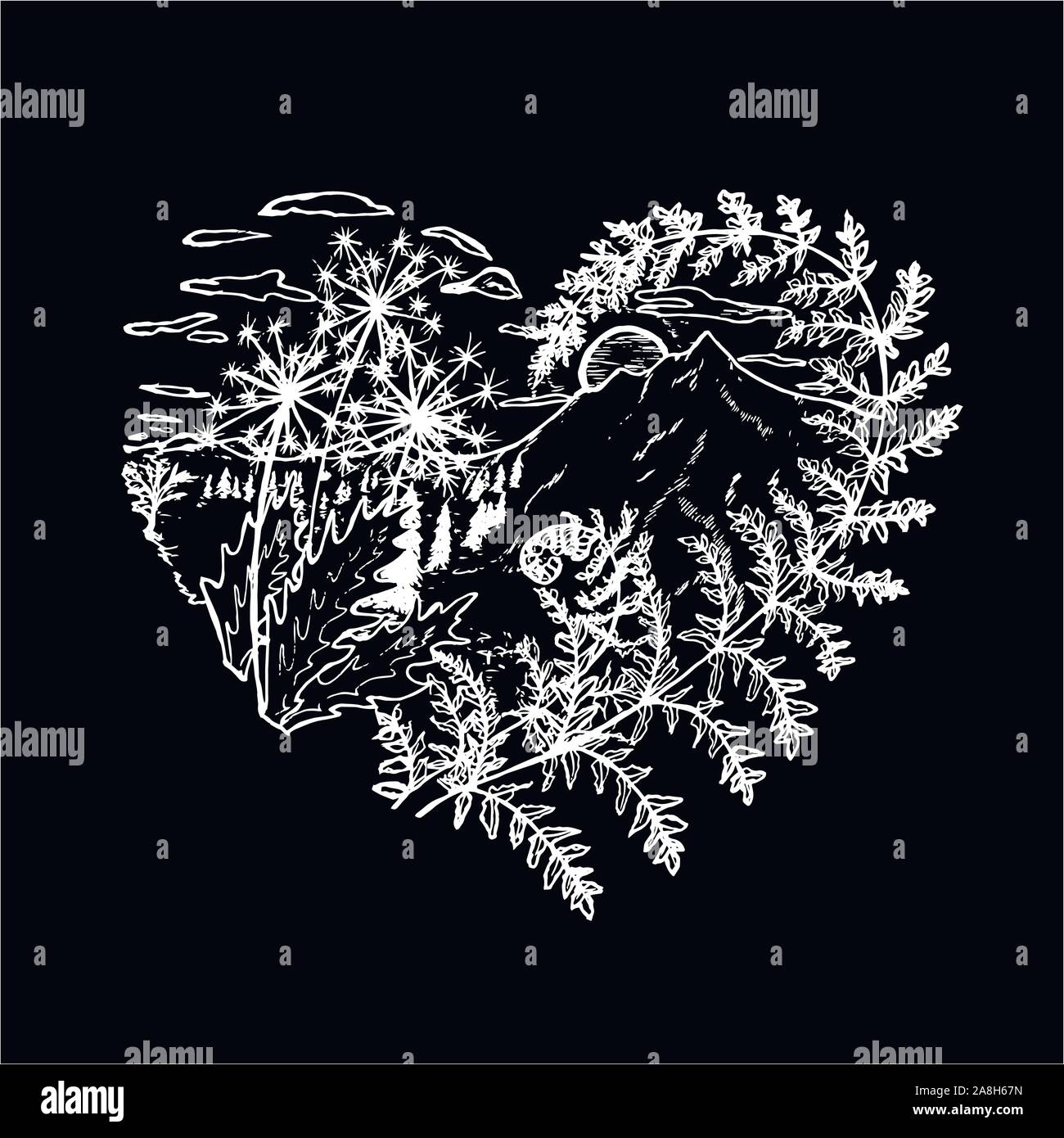 Black and white drawing of the heart, in which dandelions, fern, sunset ...