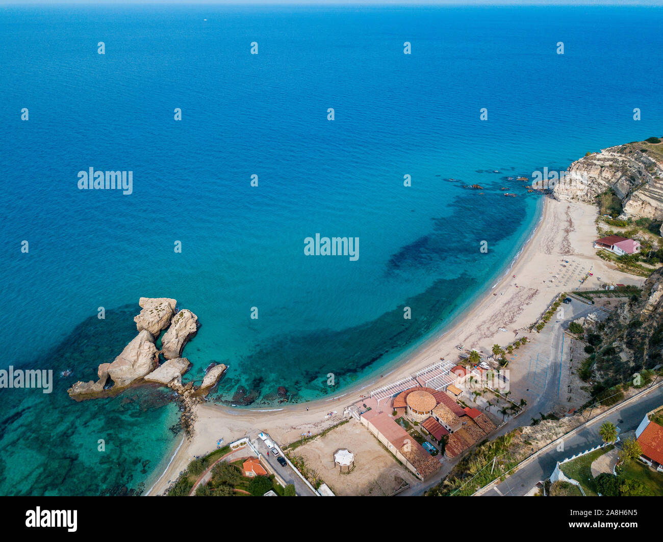 Aerial view of the Riaci rocks, Riaci beach near Tropea, Calabria ...