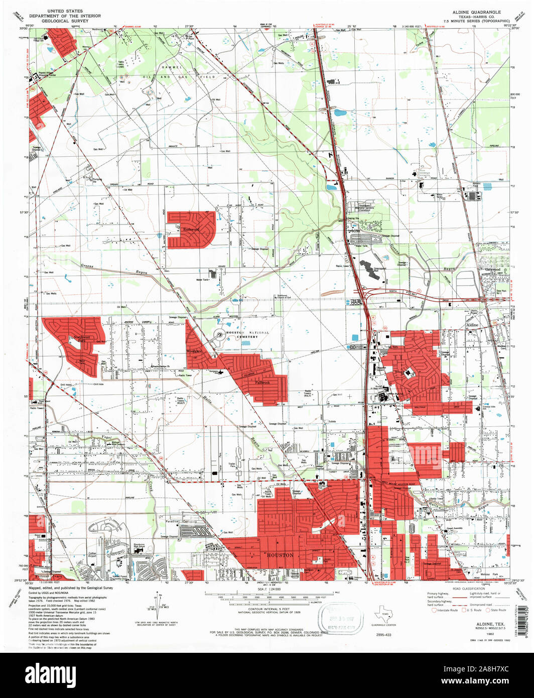 USGS TOPO Map Texas TX Aldine 105589 1982 24000 Restoration Stock Photo ...