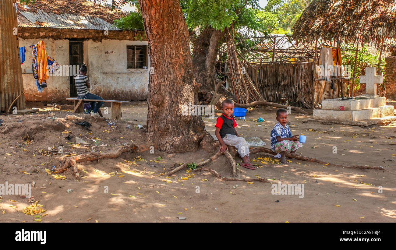 Malindi, Kenya - April 06, 2015: Unknown local kids sitting on tree ...