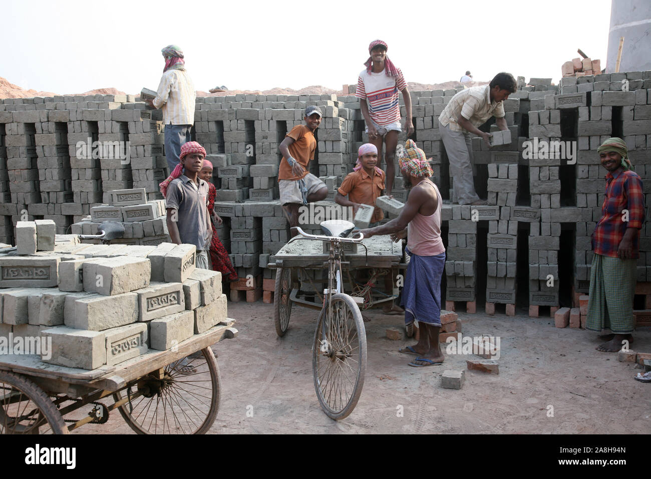 Brick field workers carrying complete finish brick from the kiln, and ...