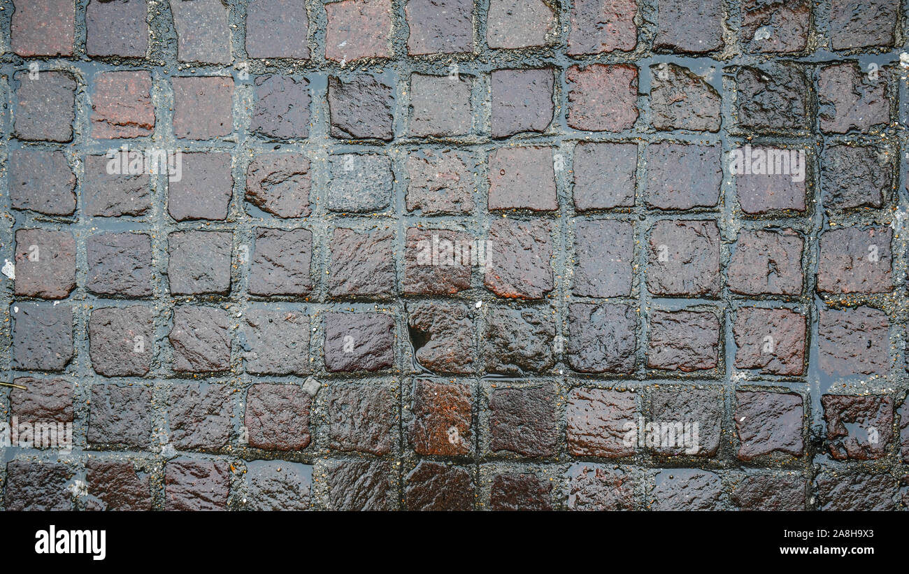 Wet square cobble stone road, texture photographed from above Stock ...