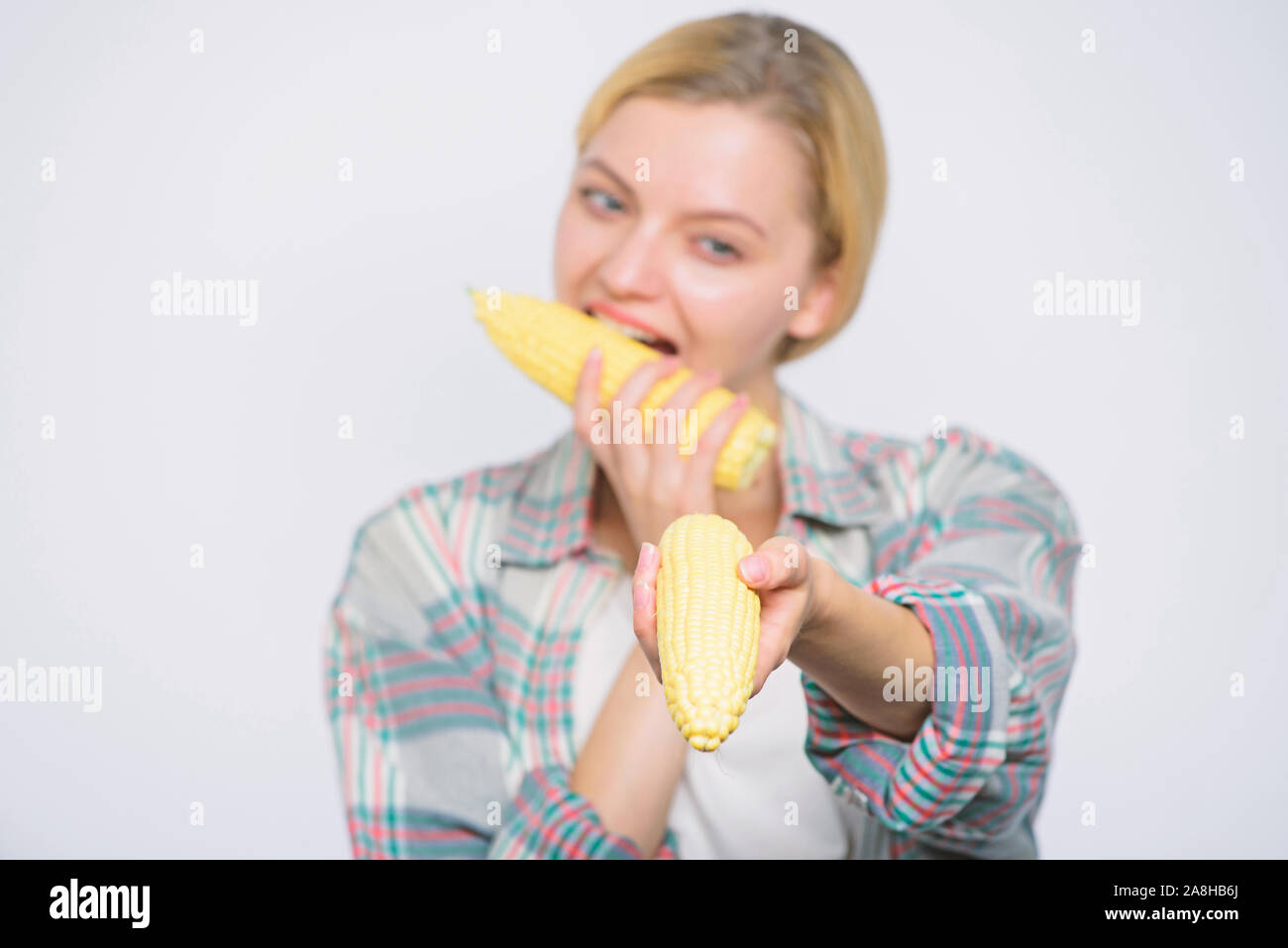 corn crop. vitamin and dieting food. Farming, farmer girl with maize ...
