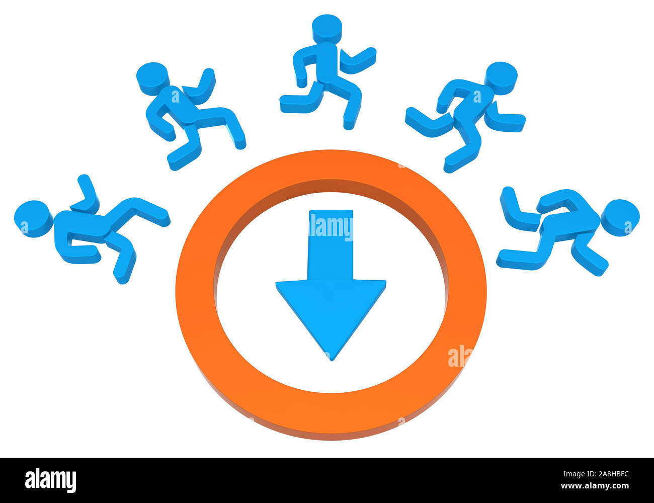 Arrow running figures downward direction, 3d illustration, horizontal ...