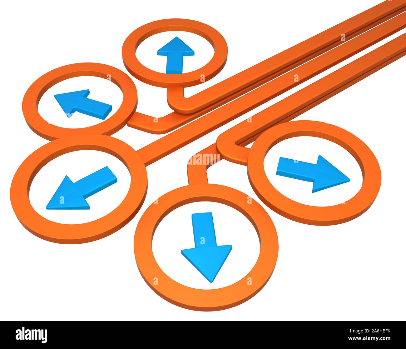 Orange symbolic arrow five way circle lines, 3d illustration ...