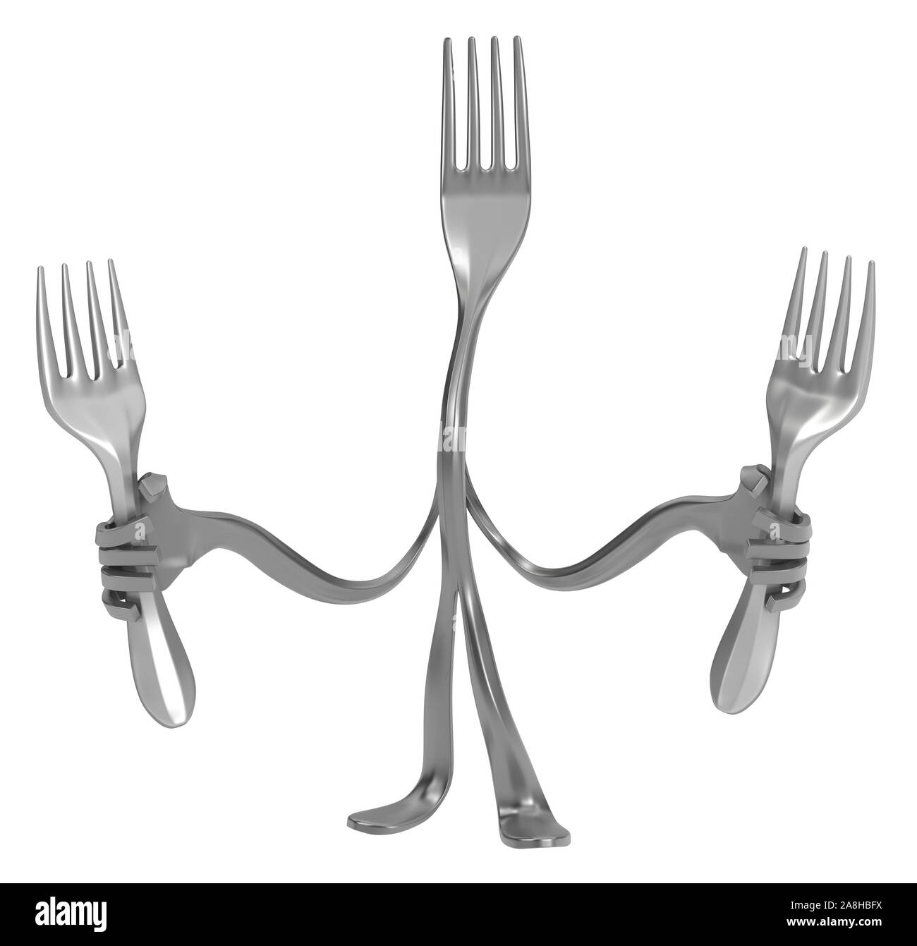 Fork cartoon character metal, holding two, 3d illustration, horizontal ...