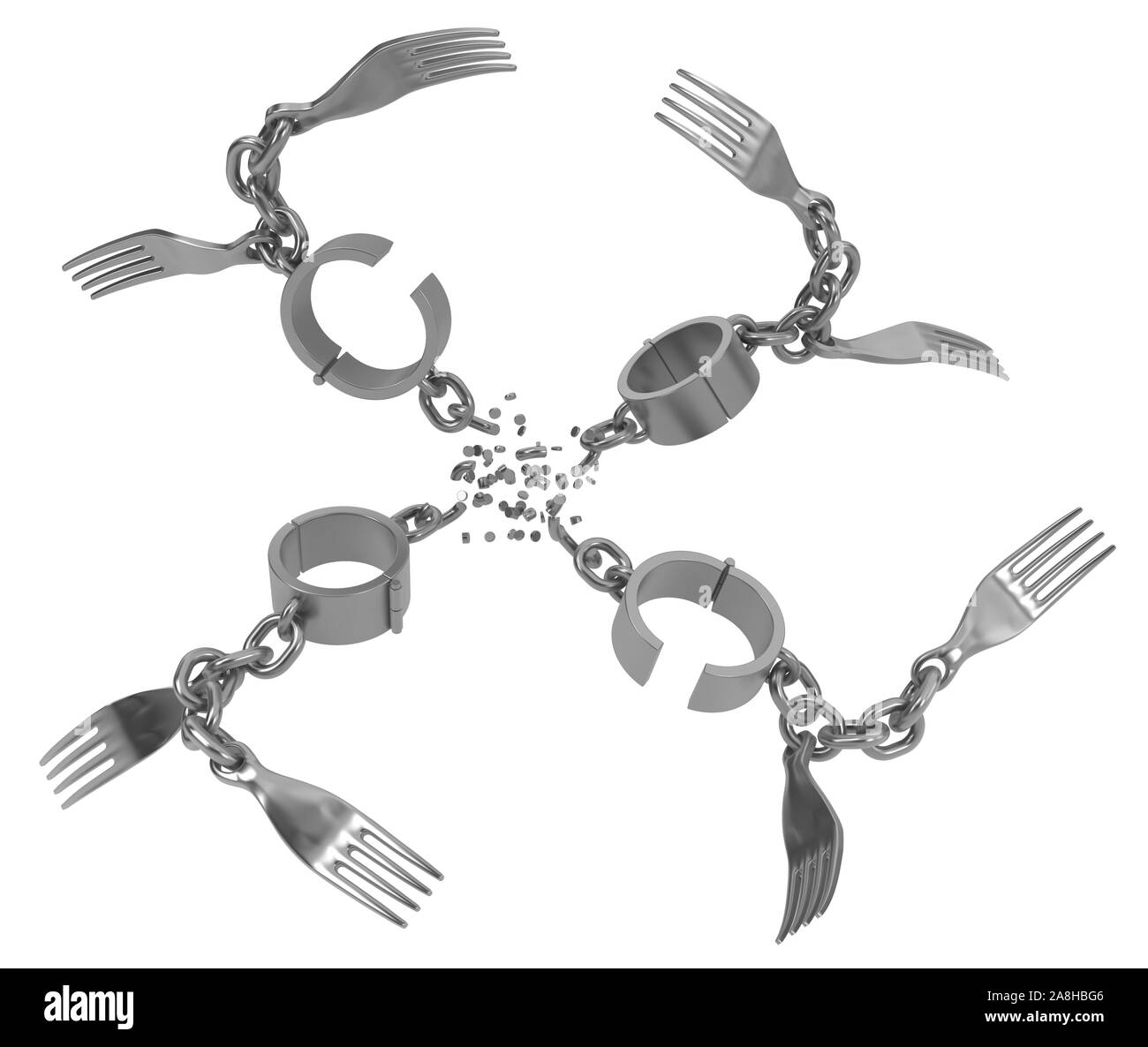 Fork shackle chain breaking cross, 3d illustration, horizontal ...