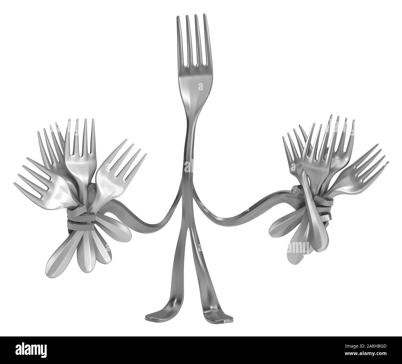 Fork cartoon character metal, holding many, 3d illustration, horizontal ...