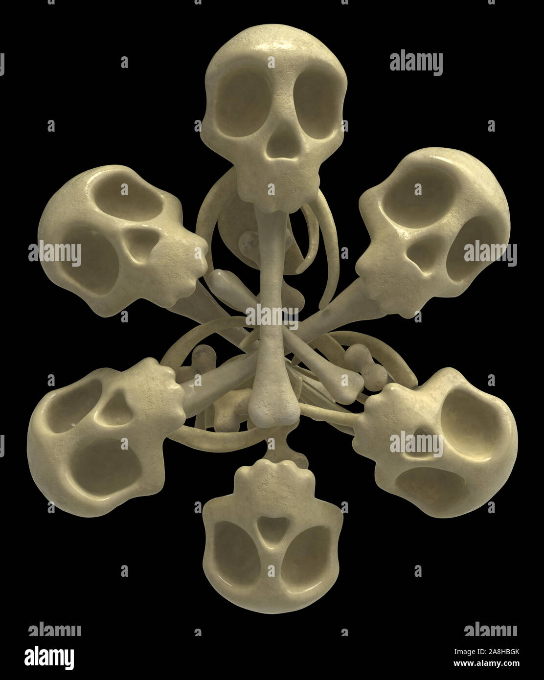 Skeleton bones cartoon, skulls six, 3d illustration, horizontal, over ...