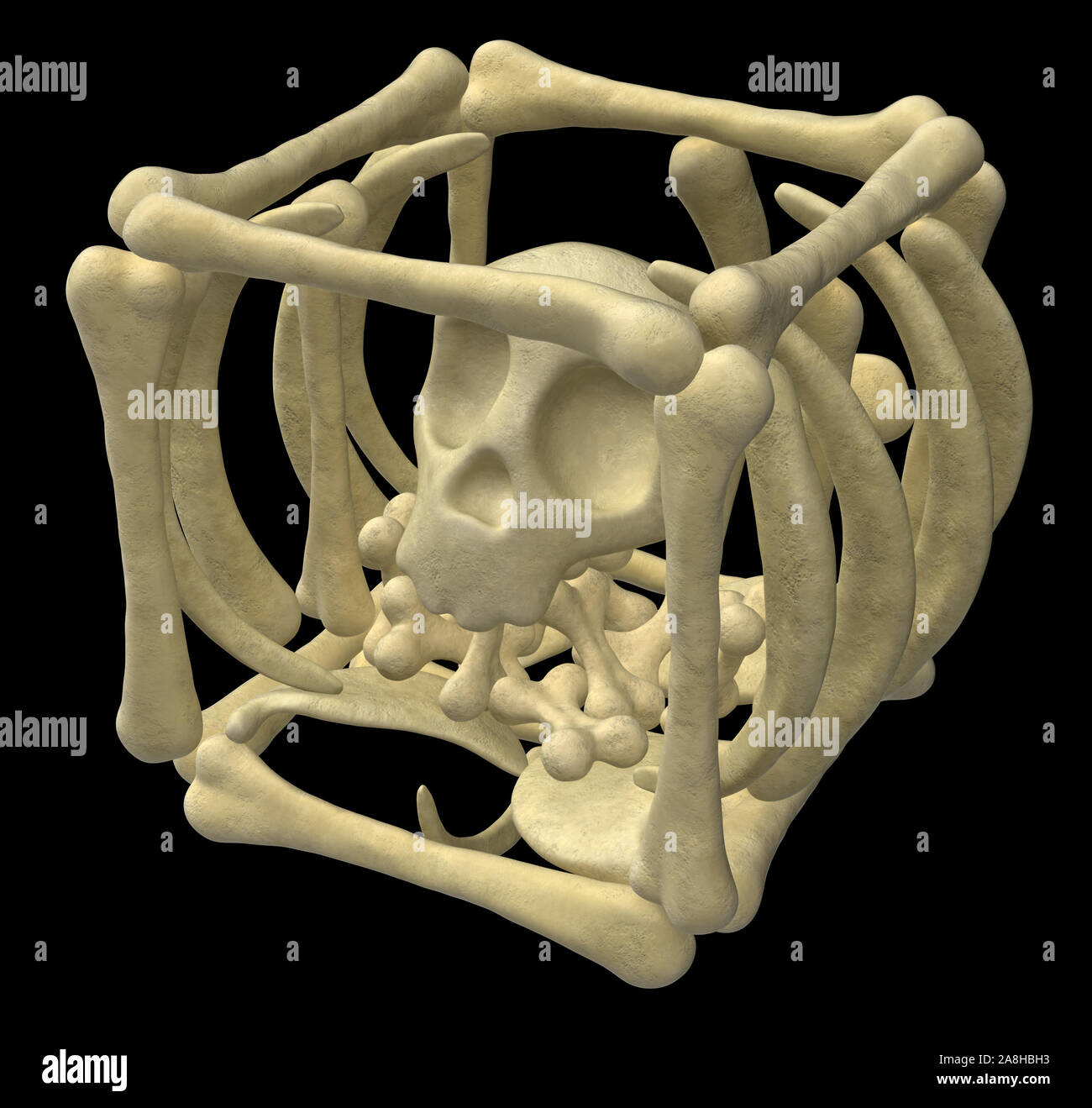 Skeleton bones cartoon box, 3d illustration, horizontal, over black ...