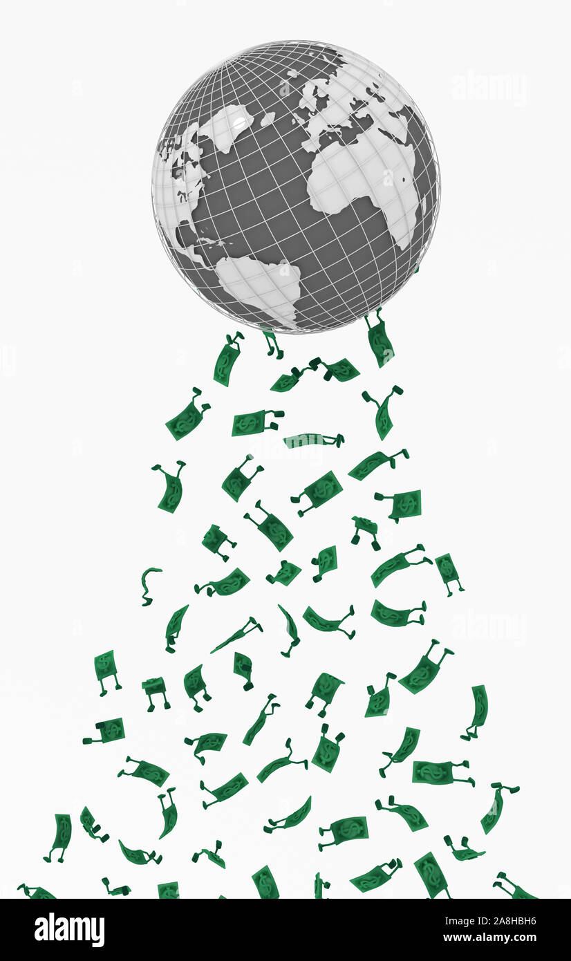 Dollar money symbol cartoon characters world falling, 3d illustration ...