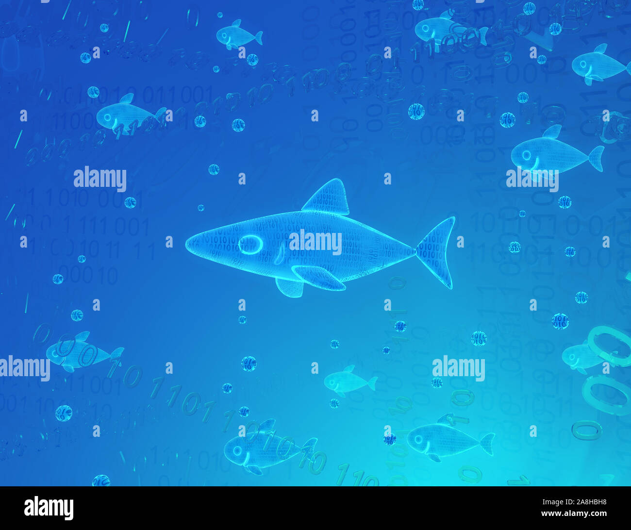 Virtual blue glowing fish avoiding shark swimming in code habitat 3d ...