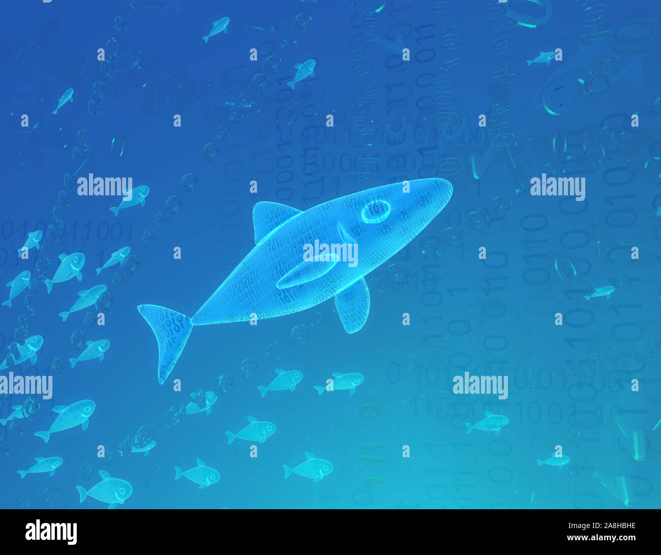 Virtual blue glowing fish and shark swimming in code habitat 3d ...