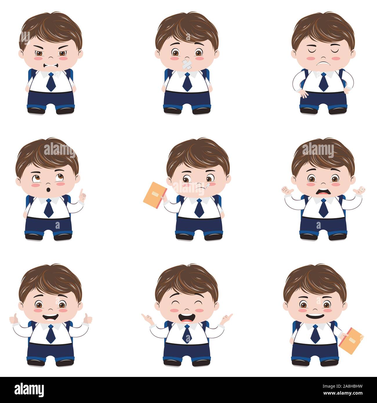 Cute cartoon school boy in different poses and expressions Stock Vector ...