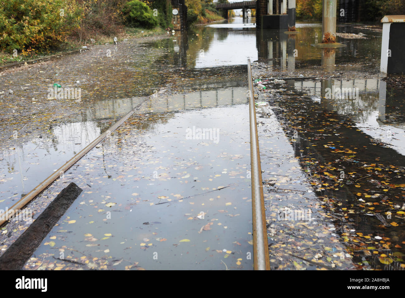The Flooded railway line at Kirk Sandall Railway Station, near ...