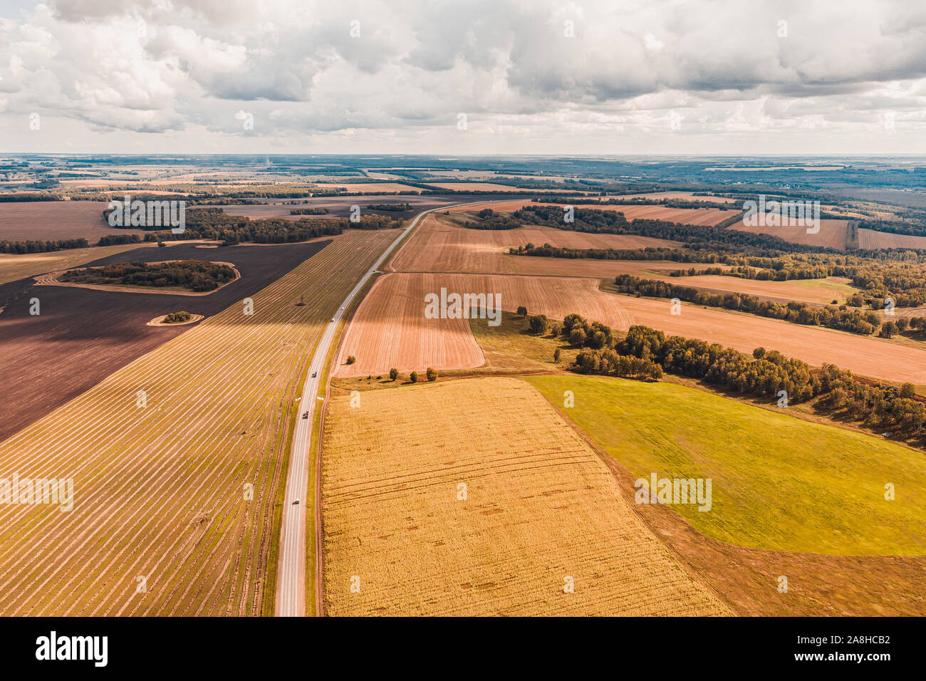 Panorama aerial view shot on road in the fields.Top View of Rural Road ...