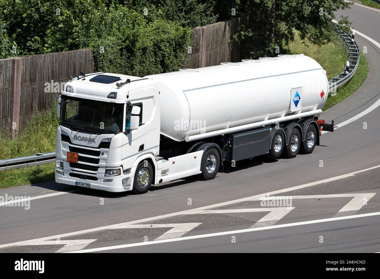 Aral truck on motorway. Aral is a brand of automobile fuels and petrol ...