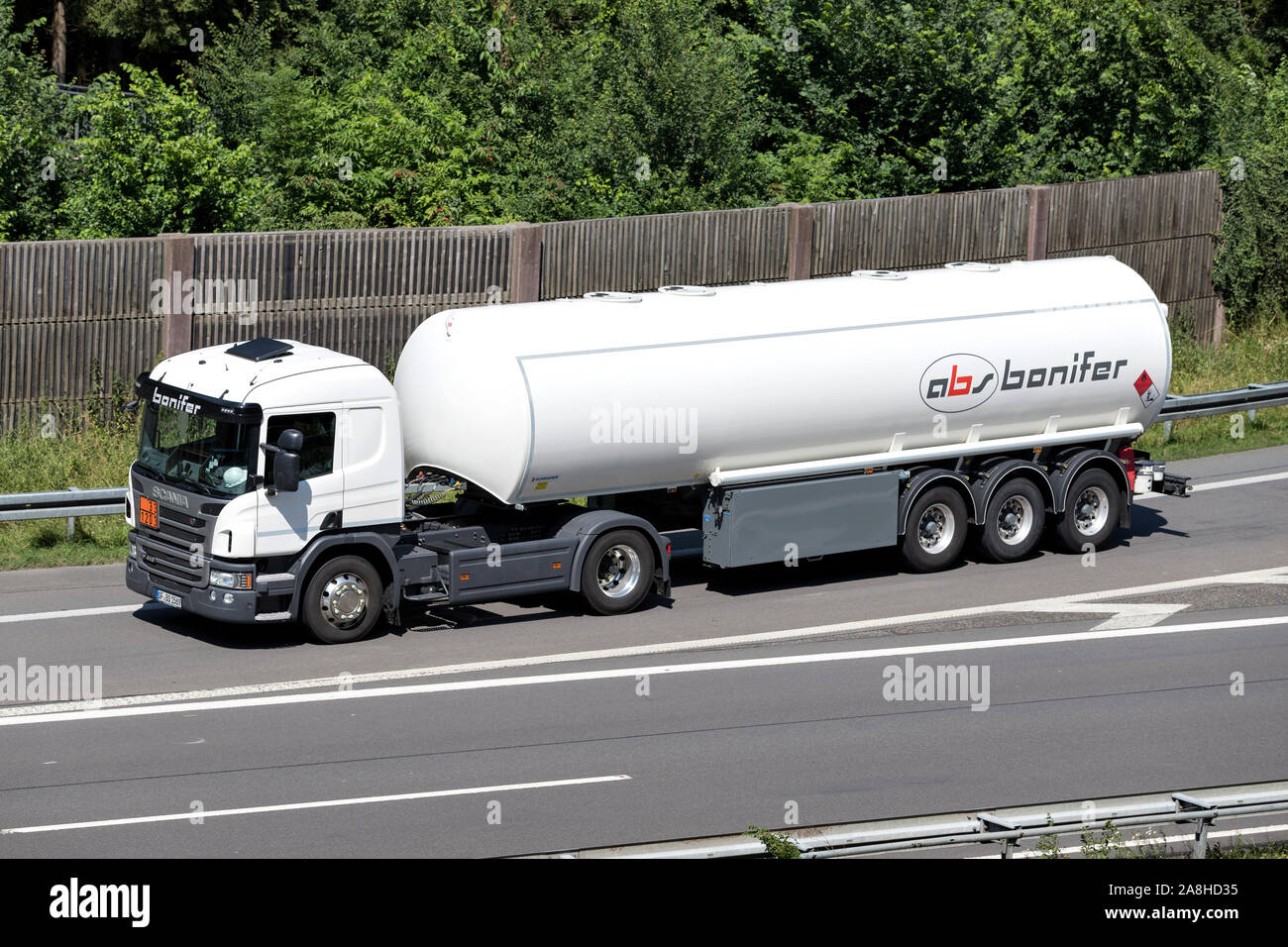 Bonifer Scania tank truck on motorway Stock Photo - Alamy