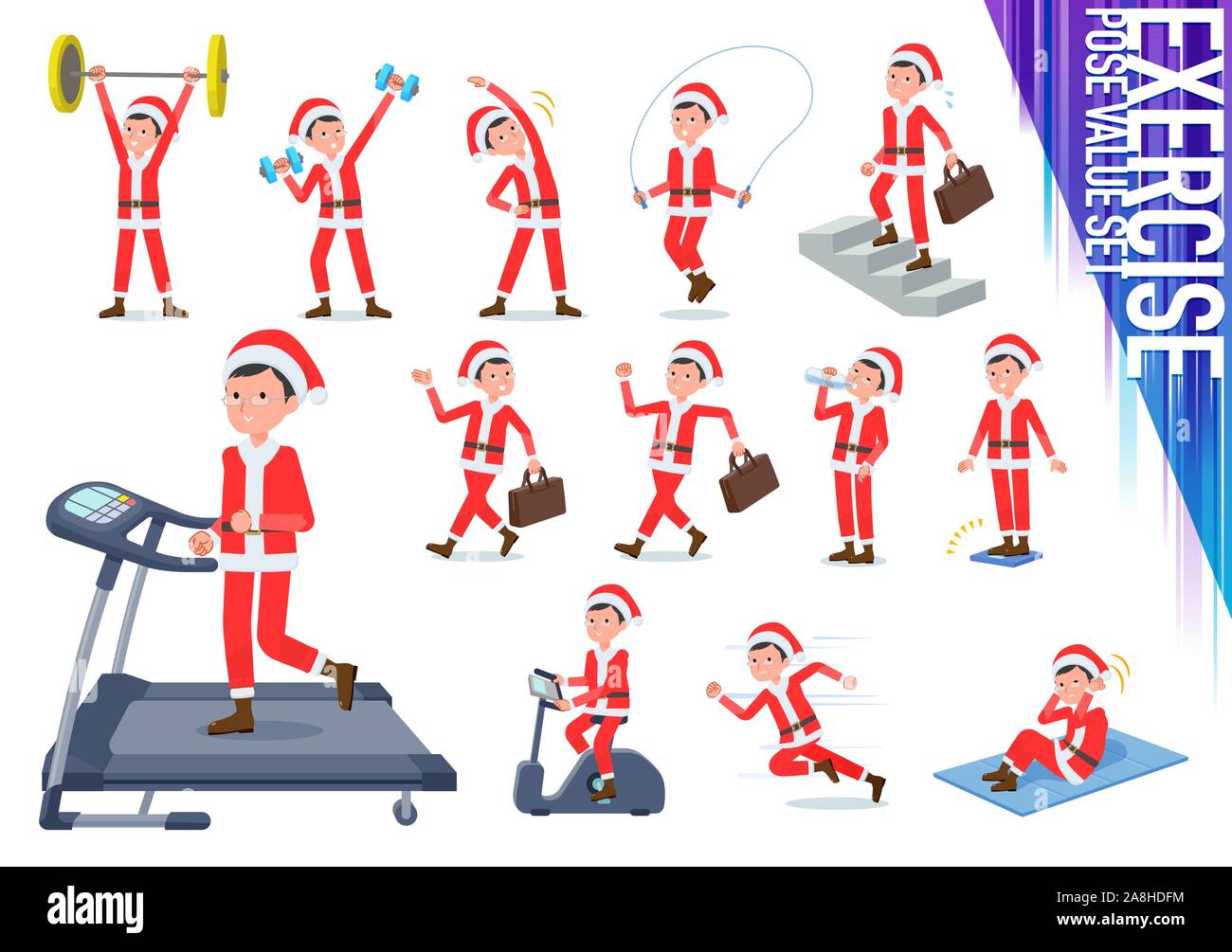 A set of Santa Claus costume men on exercise and sports.There are ...