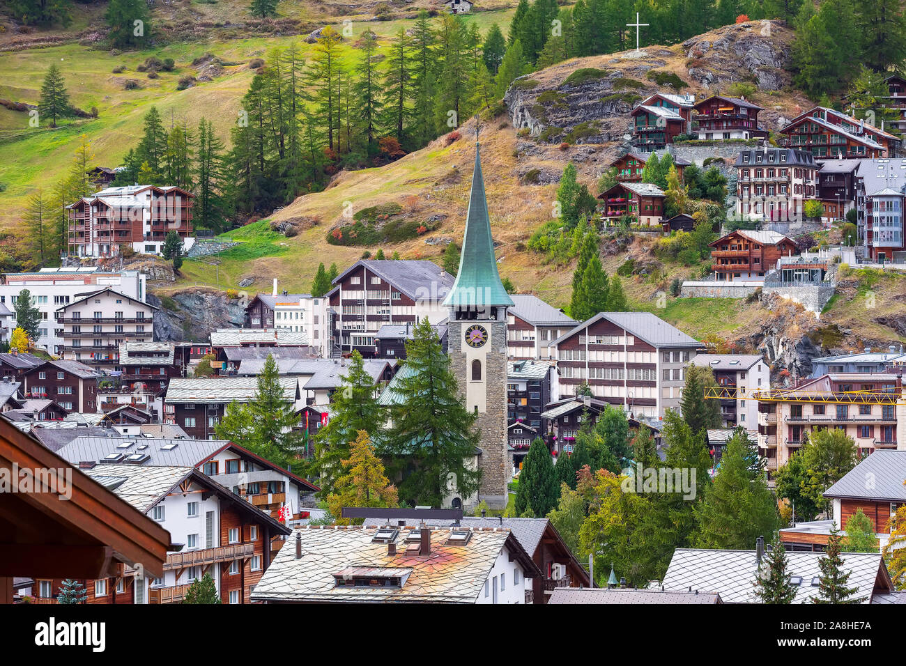 Zermatt, Switzerland town aerial view with church in famous swiss ski ...