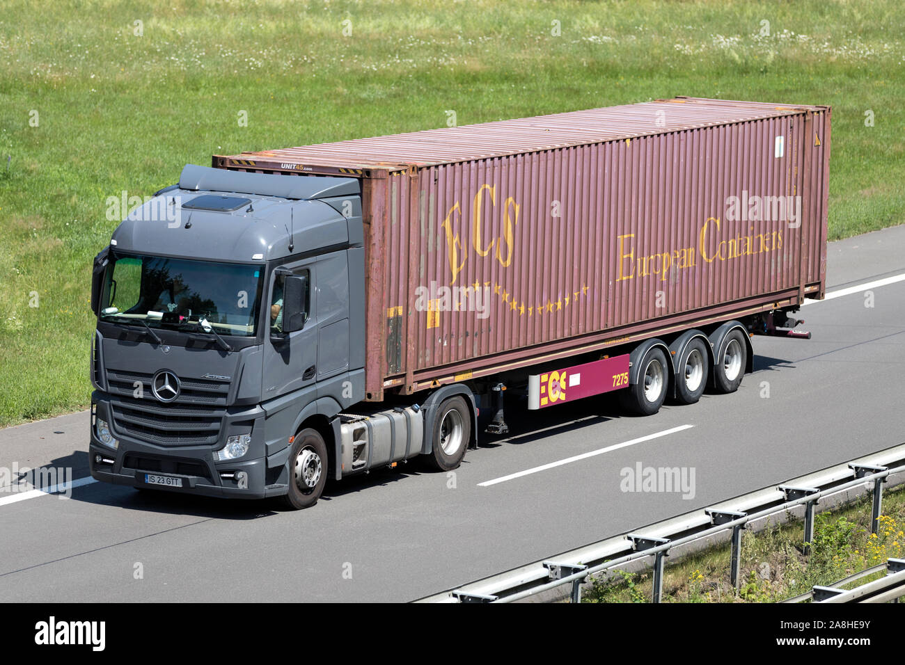 Mercedes-Benz Actros truck with ECS container on motorway Stock Photo ...