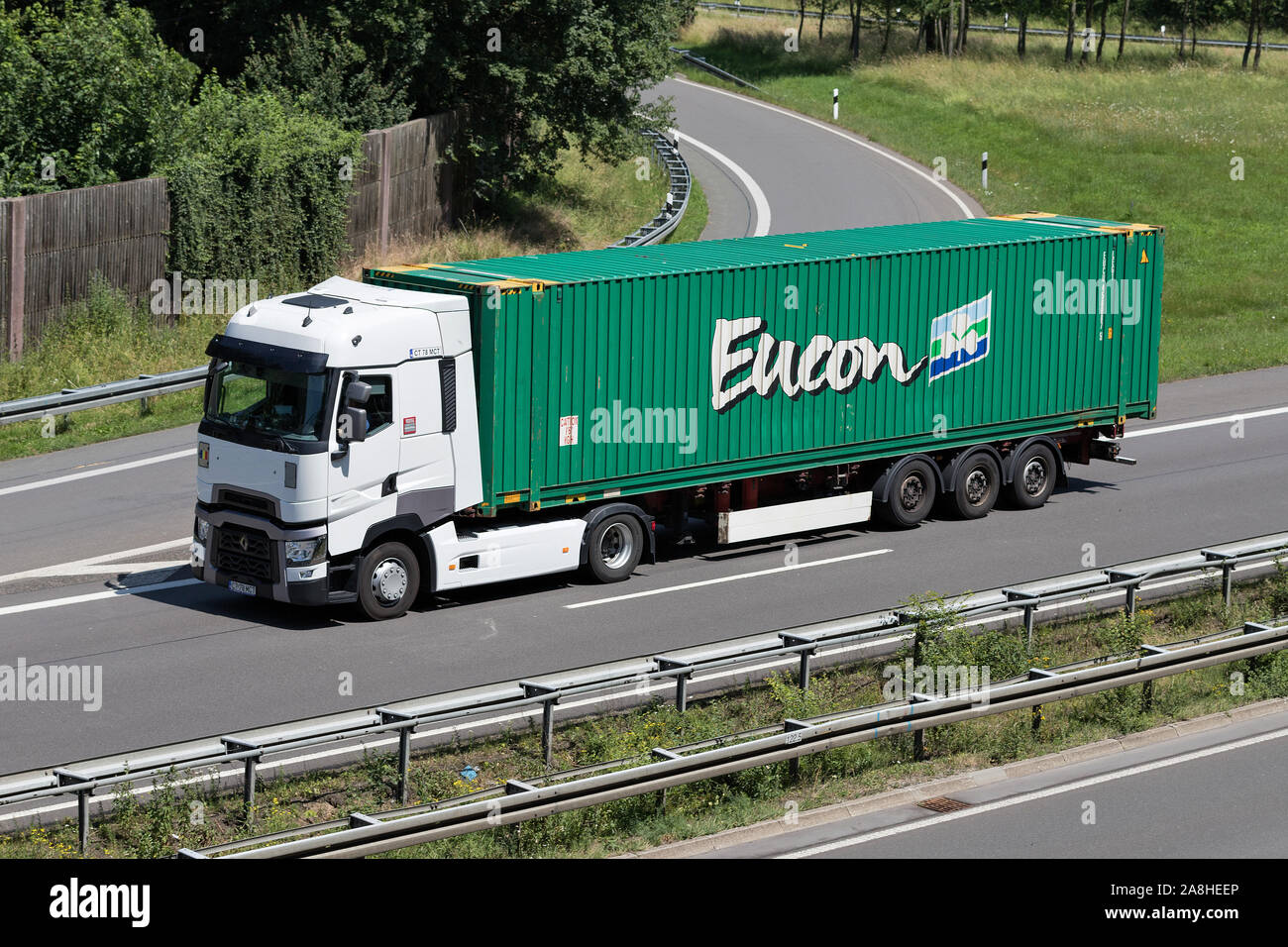 Renault truck with Eucon container on motorway Stock Photo - Alamy