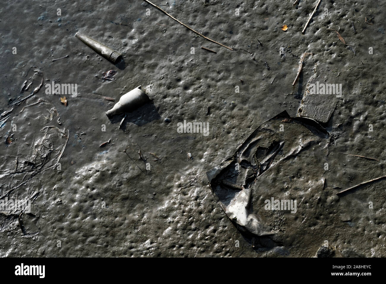 Trash and garbage in the sludge during the emptying of the canal ...