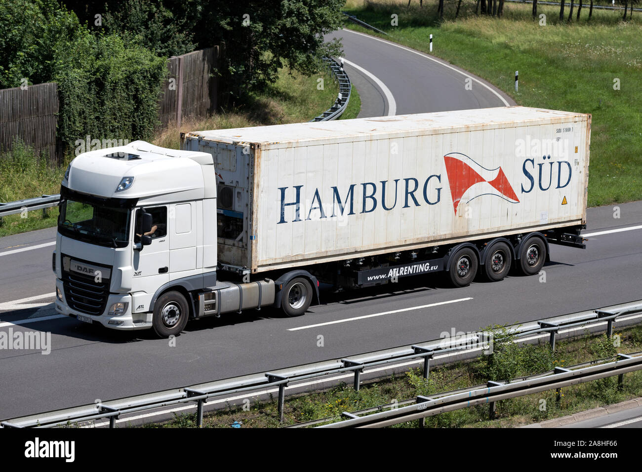 DAF XF truck with Hamburg Süd container on motorway Stock Photo - Alamy
