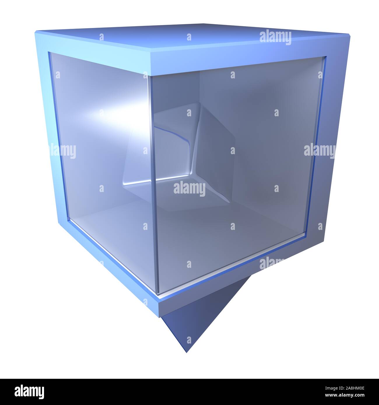 Blue positioning box with rotating metallic cube - 3D rendering ...