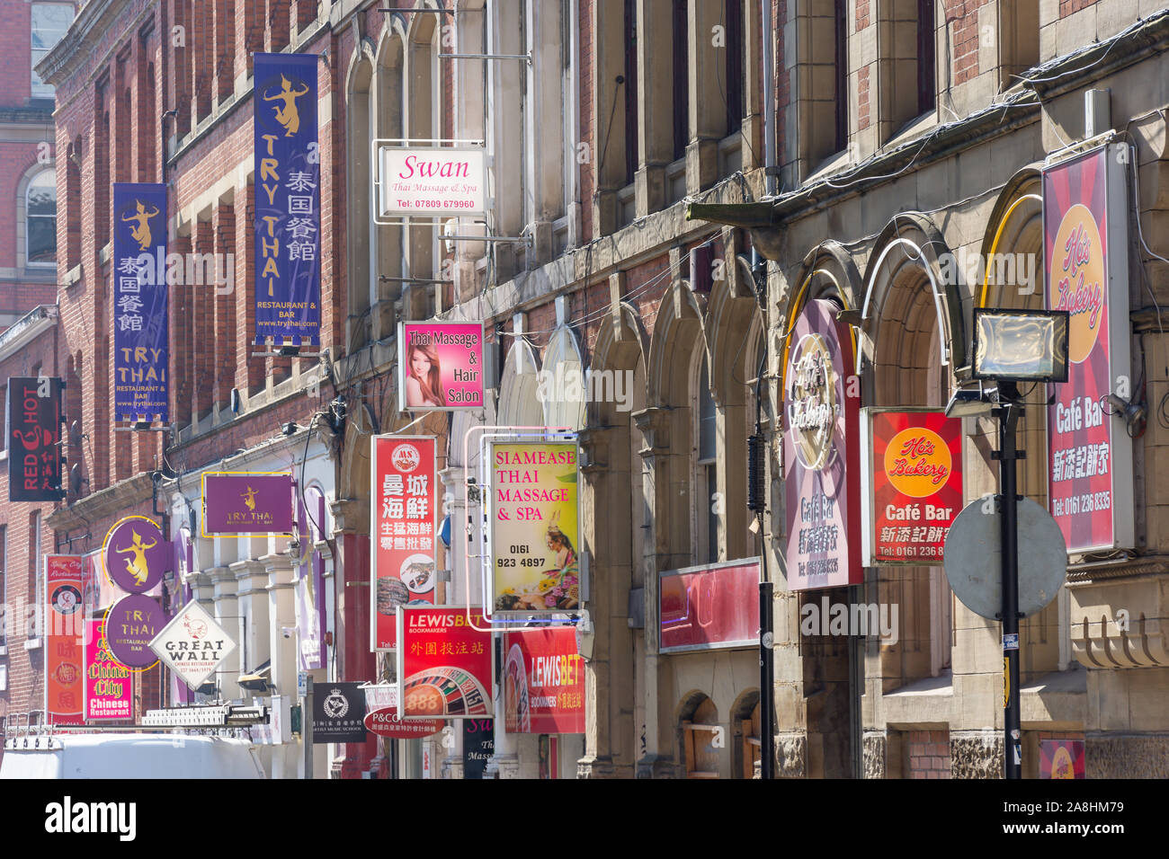 Advertising signs, Faulkner Street, Chinatown, Manchester, England ...
