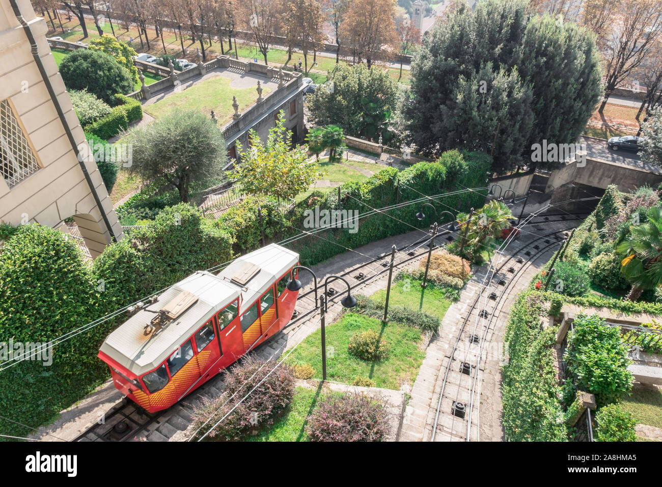 Upper city funicular line in Bergamo (Funicolare Citta Alta). Red ...