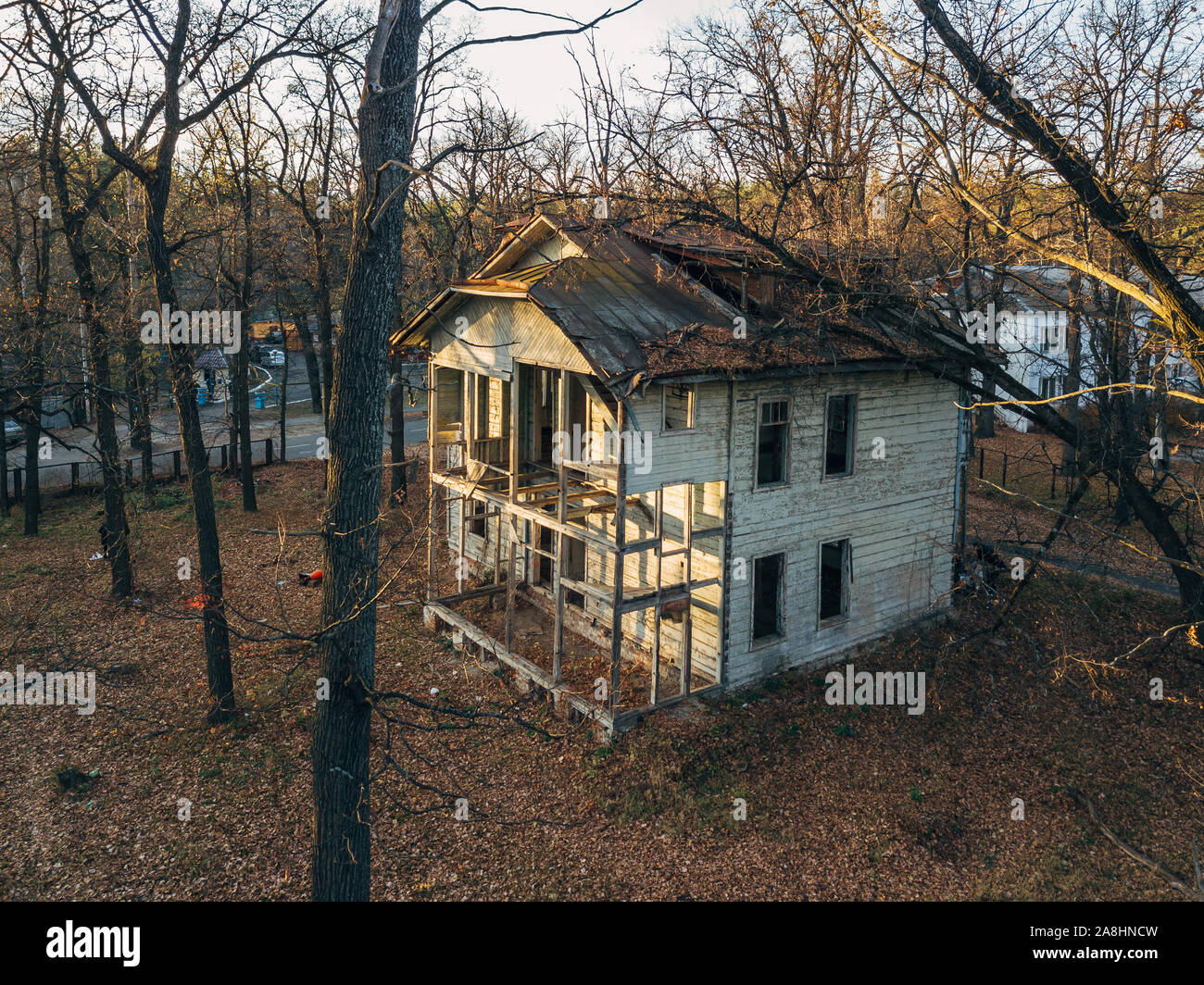 Old creepy wooden abandoned haunted mansion, aerial view Stock Photo ...