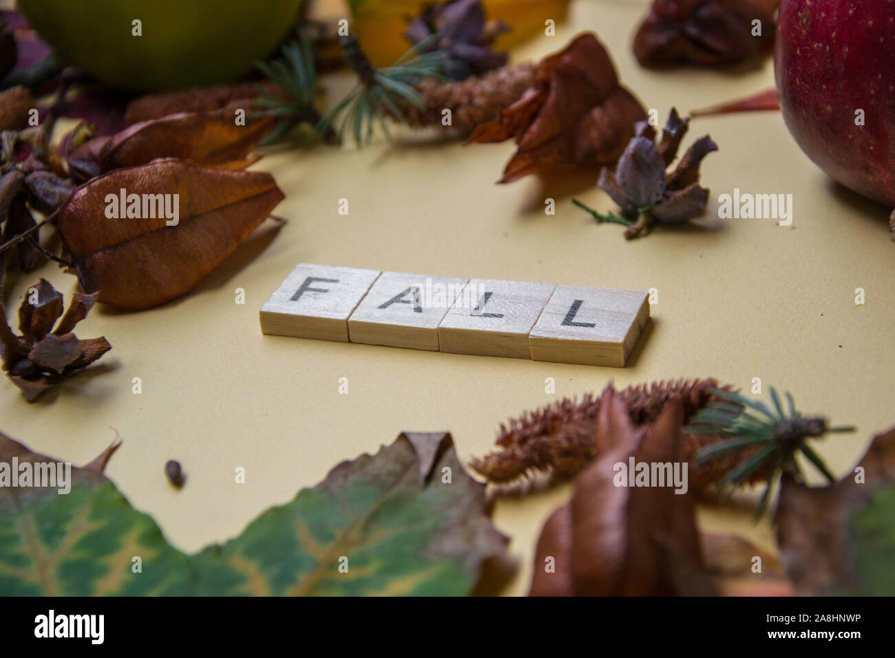 Text spelt with wooden letter tiles on pale yellow background, word ...