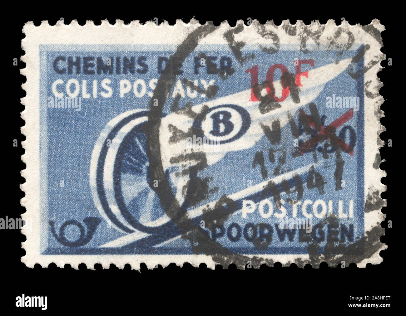 Stamp printed in Belgium shows Winged Wheel with blue surcharge ...