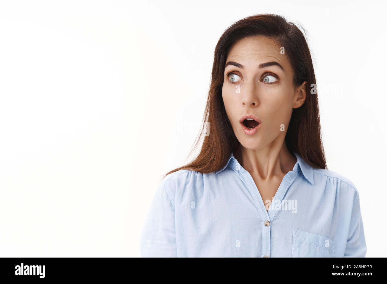 Enthusiastic cheerful 30s caucasian brunette lady turn head sideways ...