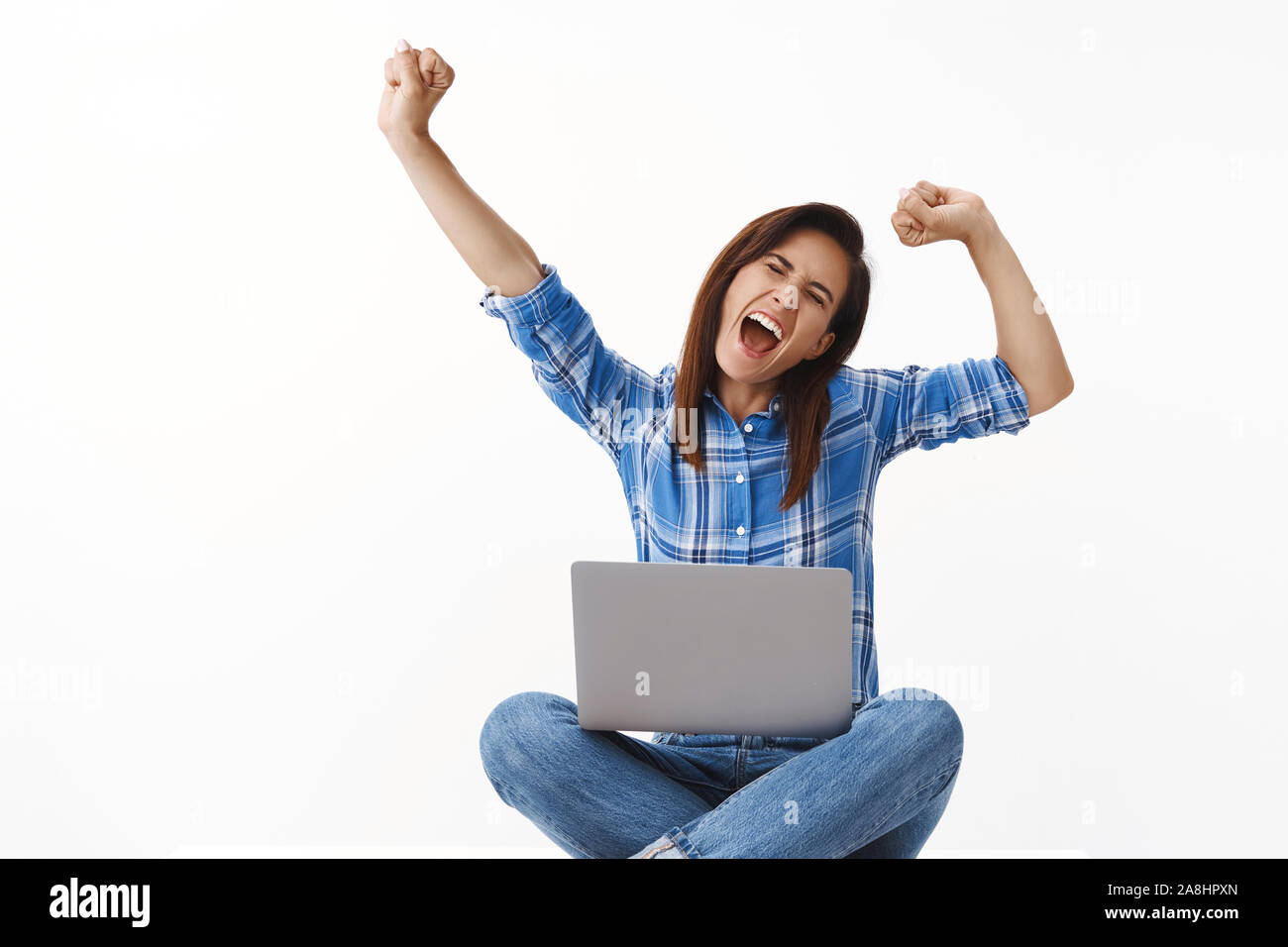 Lucky ambitious carefree middle-aged successful woman feel relieved ...