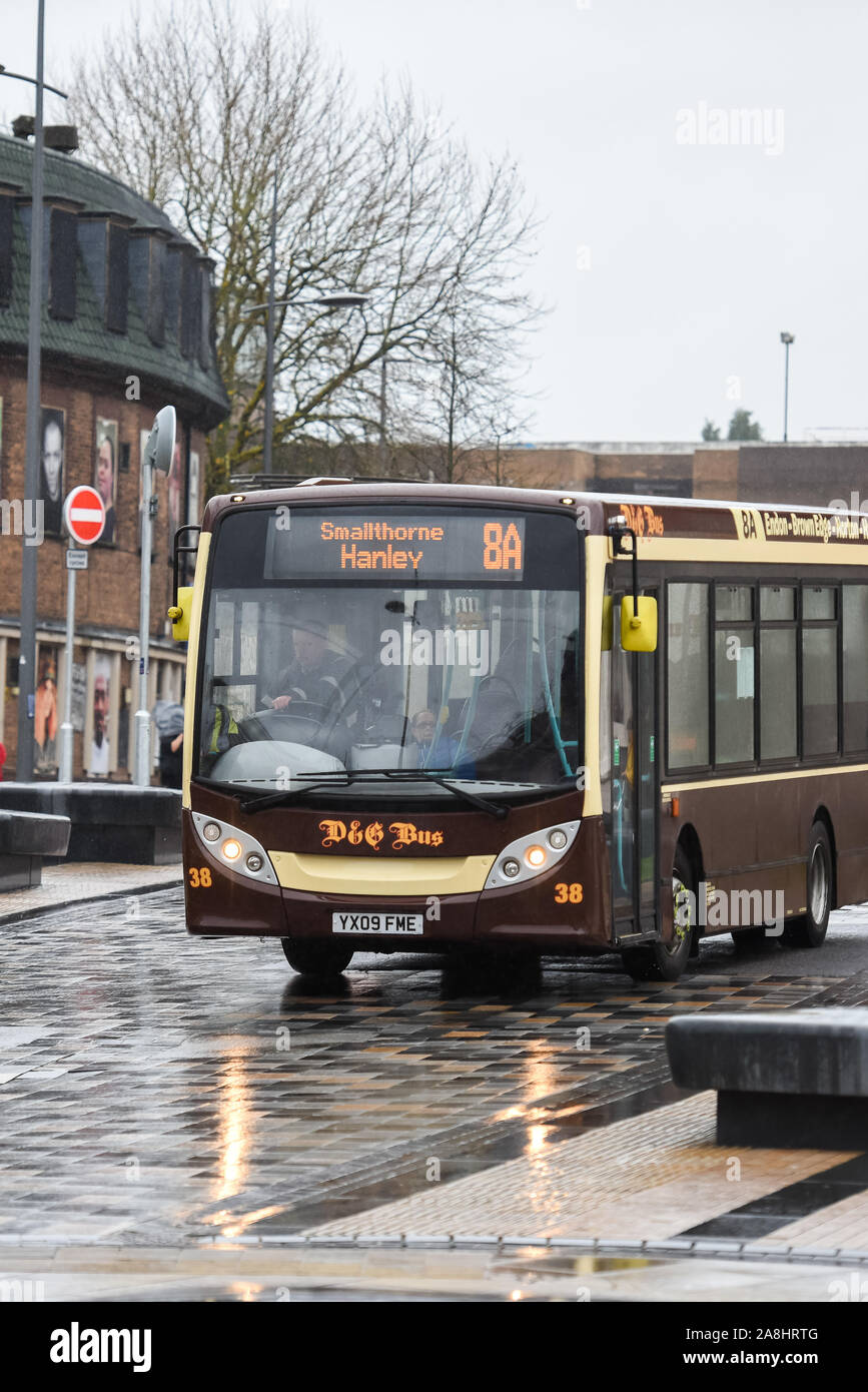 A public transport bus travels through Hanley, City centre, Stoke on ...